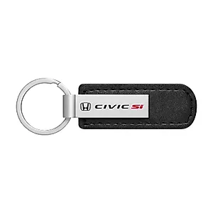iPick Image for Honda Civic Si Silver Metal Plate Black PU Leather Strap Key Chain Keychain, Official Licensed