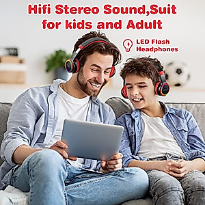 Woice Kids Blutooth Headphones with mic, Colorful LED Lights, Stereo Sound, Bluetooth5.0, Foldable On-Ear Children Wireless/Wired Headphones Fit for Kids Teens Adults (Black&Red)