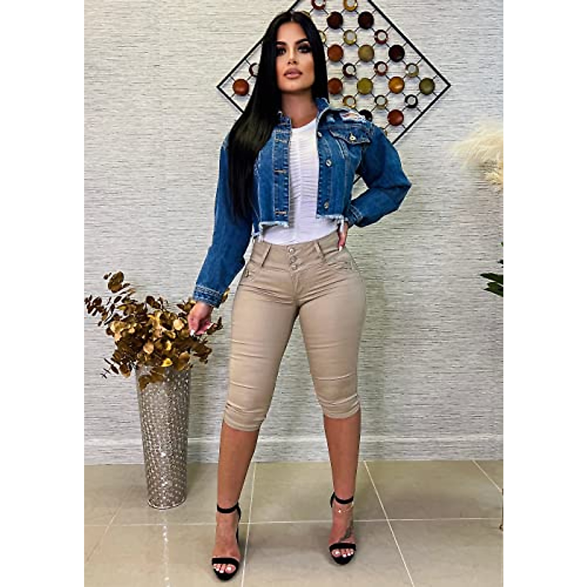 Moda Xpress Womens Juniors Khaki Butt Lifting Mid Rise Denim Capris Size 17 10003U