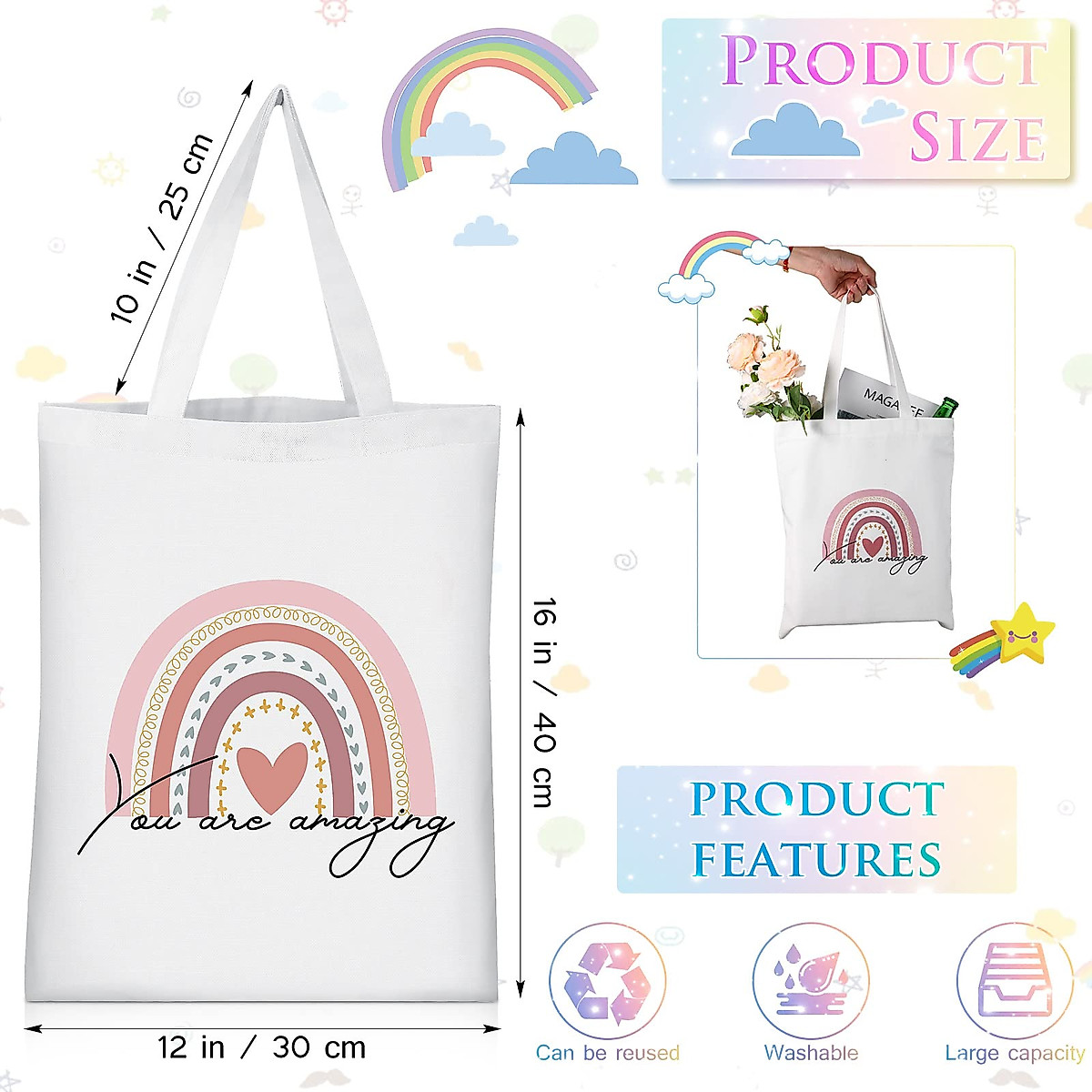 2 Pieces Rainbow Canvas Bag Inspirational Boho Tote Bag with Zipper Back to School Gift for Girls Kids Thank You Gift for Teacher Reusable Canvas Bag for Girls Women Daughter Bff Birthday Favors