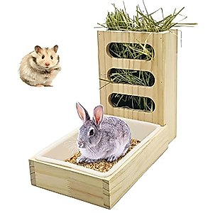 Hamiledyi Rabbit Hay Feeder with Litter Box Wooden Food Feeding Manger Bunny Hay Dispenser Small Animals Grass Holder for Hamsters Guinea Pig Bunny Chinchilla