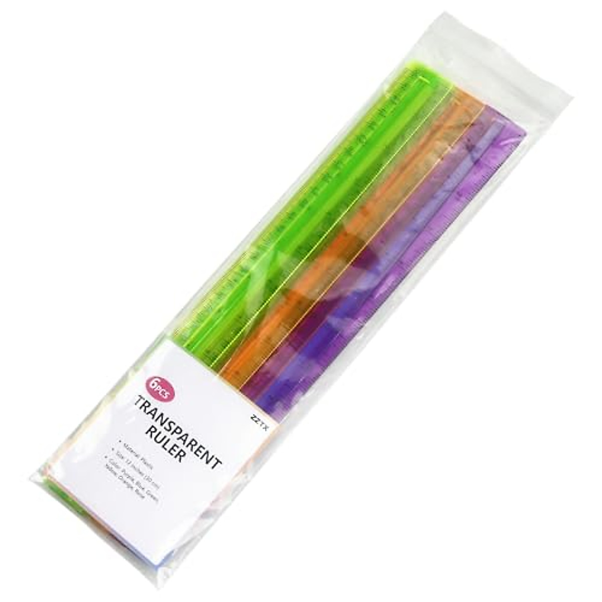 ZZTX 6 Pack Color Transparent Ruler Plastic Rulers, Metric Bulk Rulers with Inches and Centimeters, Kids Ruler for School, Home, Office, 12 Inches