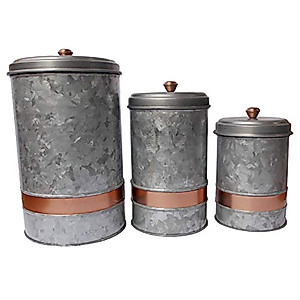 Benjara, Gray Galvanized Metal Lidded Canister with Copper Band, Set of Three, 3 Count