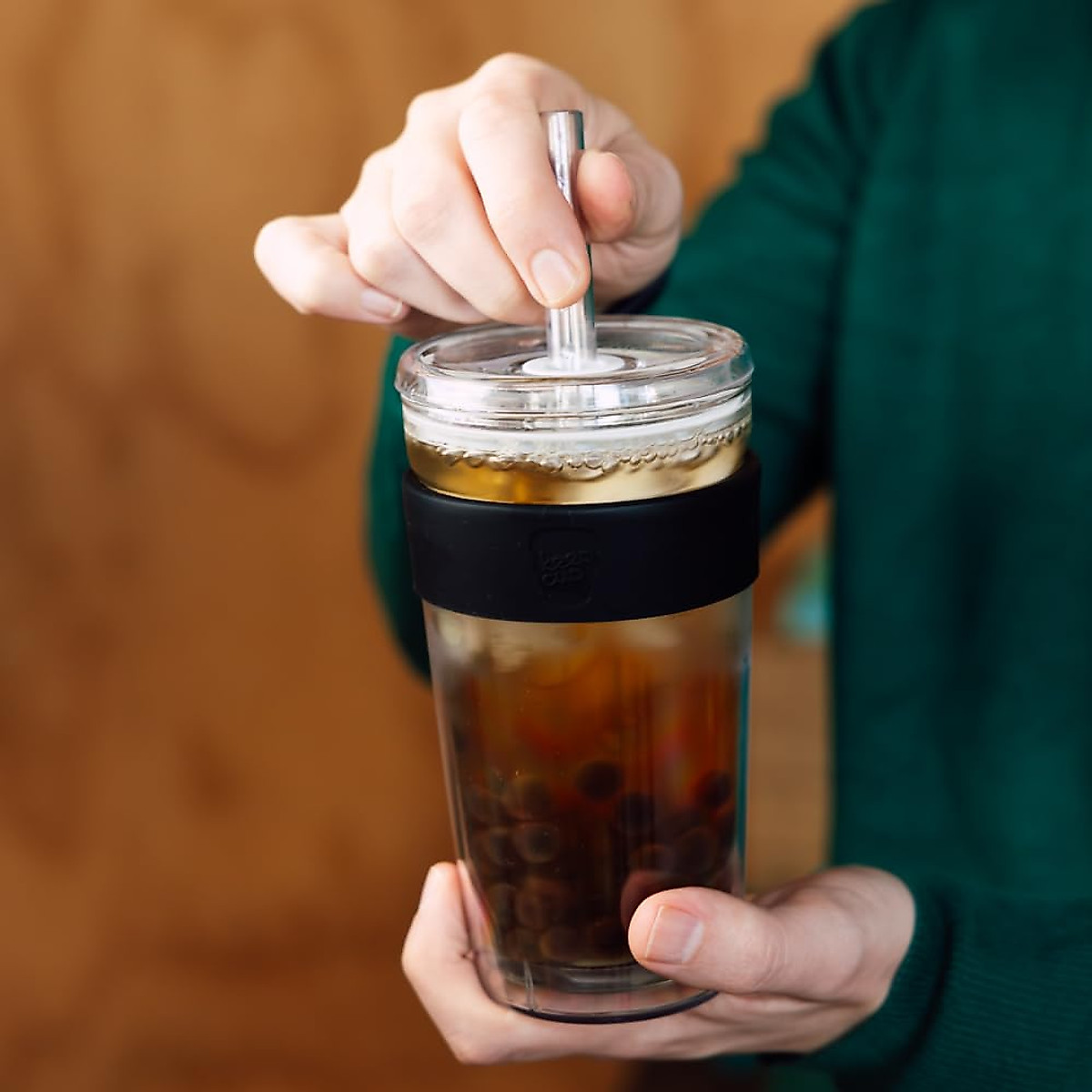 KeepCup Cold Cup - Longplay Double wall Glass Ice Coffee Tumbler with Lid and Straw - 16oz (454ml) - Black