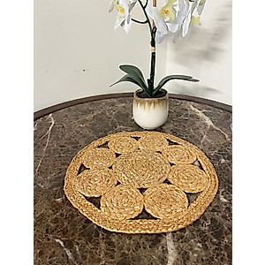Flower Jute Placemats Set | 100% Natural and Eco-Friendly | Soft & Durable | Round 13" x 13" | Dining Room Table Mat in Natural Jute Color | No Artificial Color (6)