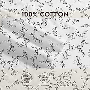 Laura Ashley Home - Queen Sheets, Soft Sateen Cotton Bedding Set - Sleek, Smooth, & Breathable Home Decor (Saras Sprig Black, 4 pieces, Queen)