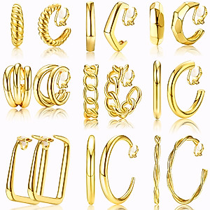 JOERICA 9 Pairs Clip On Hoop Earrings for Women Gold Chunky Hoop Earrings Set Clip-on Earrings Non Pierced Earrings Fake Earrings for Women