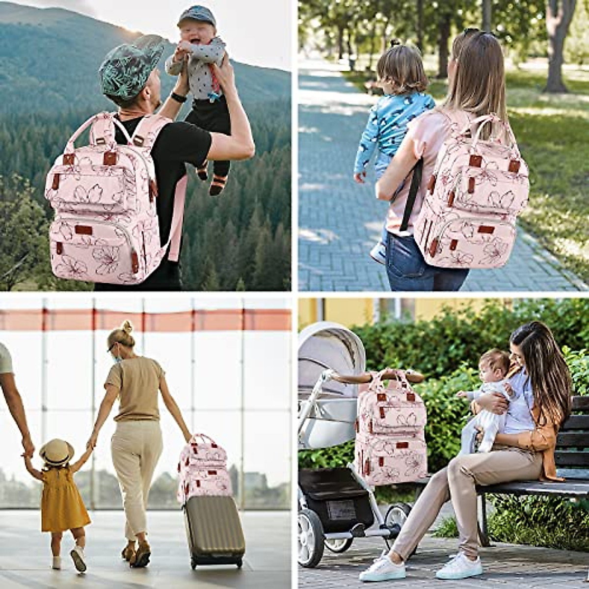 Legestori Floral Printed Diaper Backpack for Moms - Large Pink Bag with Insulated Pockets and Stroller Straps for Baby Girls