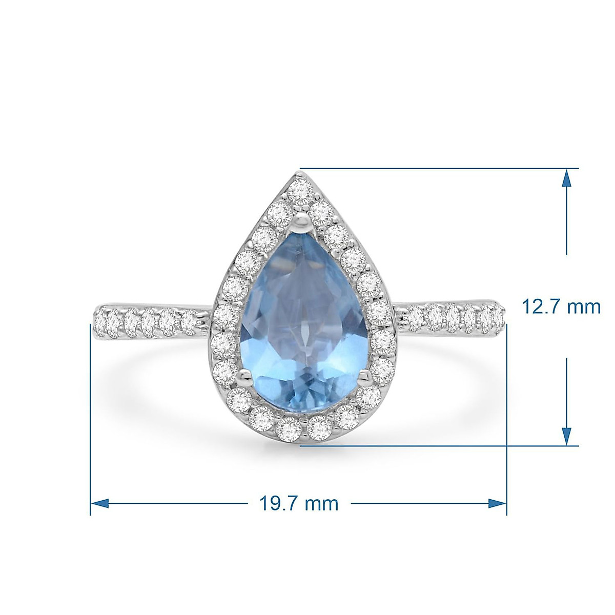 Jewelili Sterling Silver 9x6 MM Pear Cut Aquamarine and Round Created White Sapphire Engagement Ring Size 7