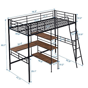 P PURLOVE Twin Size Metal Loft Bed with Desk for Kids,Girls,Boys,Twin High Loft Bed with Storage Shelves and Built in Ladder for Living Room,No Box Spring Needed,Black