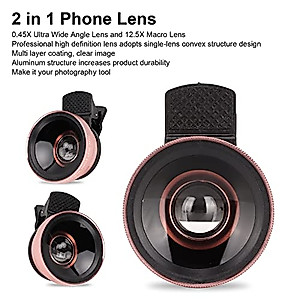 Phone Camera Lens, 2 in 1 Cell Phone Wide Angle Macro Lens, 0.45X Wide Angle Lens, 12.5X Macro Lens, Clip On Phone Lens with Dust Cover, for Phone Tablet (Rose Gold)