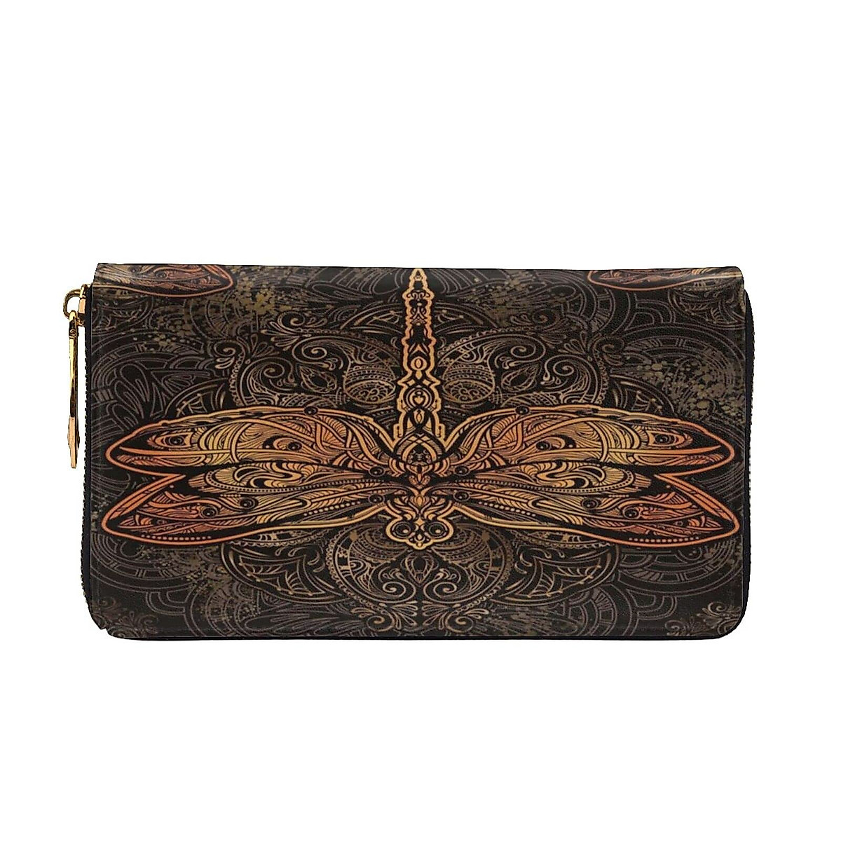 Long Handbag Purse Wristlet Bag Card Holder Wallet-Dragonfly Mandala Ethnic Tribal Leather Wallet For Women Men