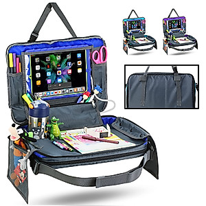 KeolaKids Kids Car and Booster Seat Travel Tray Organizer with Detachable Top, Lap Tray, Updated Headrest Straps, Zippered Storage, Tablet holder with Charger Openings (Blue)
