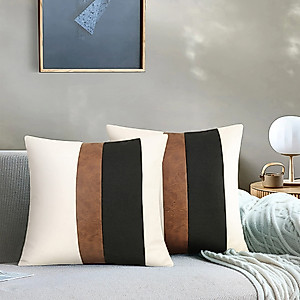 Merrycolor Faux Leather and Linen Throw Pillow Covers Black and White Pillows Decorative Throw Pillows Covers Brown Square Modern Farmhouse Accent Pillow Case 18 x 18 Inch (Black and White)