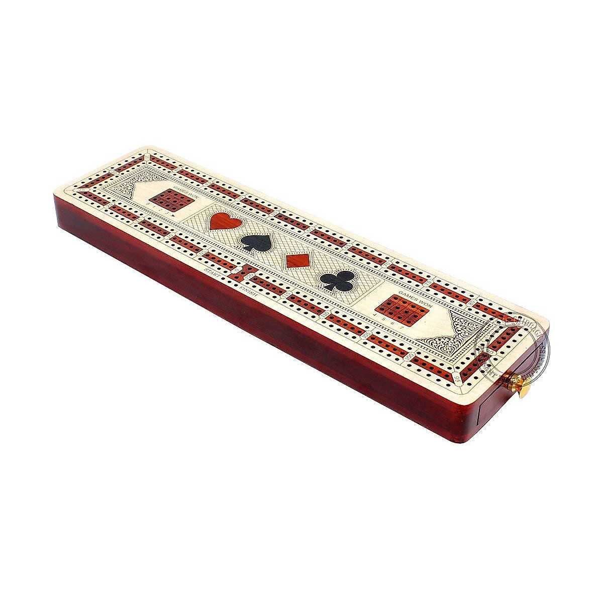 House of Cribbage - 3 Track Continuous Cribbage Board Inlaid in Maple Wood/Bloodwood - Size: 12.5 Inch - Wood Inlaid Card Symbols (Suits) + Storage Drawer for Cribbage Pegs