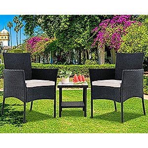 3 Pieces Patio Furniture Sets Outdoor Wicker Bistro Set Clearance Rattan Chairs Patio Set Conversation Sets with Coffee Table for Porch Poolside Balcony Garden Lawn, Black