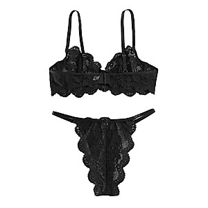 Lilosy Scallop Sexy Underwire Push Up Floral Lace Sheer Lingerie Set for Women See Through Bra and Panty 2 Piece Black Medium