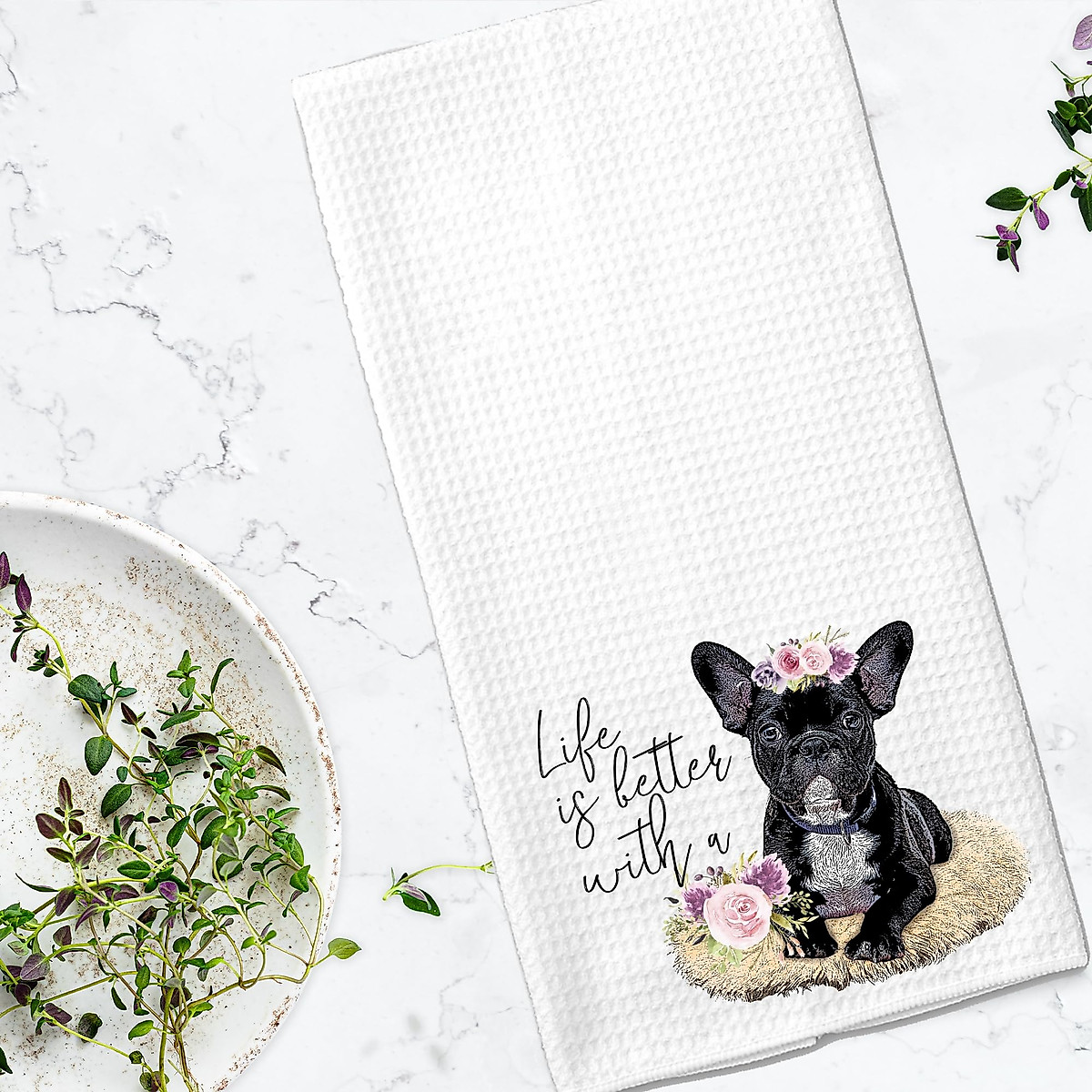 Life is Better with a Frenchie French Bulldog Waffle Microfiber Kitchen Tea Bar Towel Gift for Animal Dog Lover