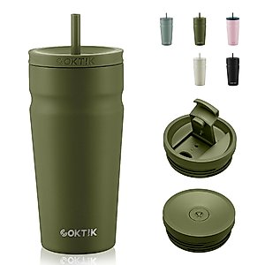 COKTIK 20oz Insulated Tumbler with Lid and Straw 2 Lids (Straw/Flip) Iced Coffee Cup Reusable Stainless Steel Travel Mug Water Bottle Cupholder Friendly for Women Men Her Him (Olive)