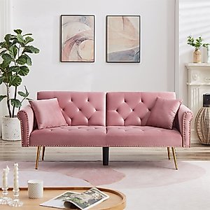 Anwick Modern Velvet 2 in 1 Futon Sofa Bed,Convertible Folding Sleeper Bed Couches with 2 Pillows,73" Tufted Recliner Love Seat with Golden Chrome Legs for Living Room Apartment Office