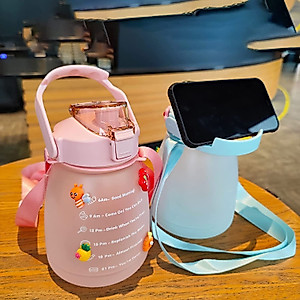 MsAilcplis Girls Kawaii Water Bottle with Straw for School Large Capacity, Portable BPA Free Sports Drinking Frosted Bottle with With scale & Cute 3D Stickers for Outdoor Camping (Pink)