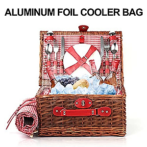 Wicker Picnic Basket Set for 4 Persons with Large Insulated Cooler Bag and Waterproof Picnic Blanket, Willow Picnic Hamper for Family, Outdoor, Camping, Party(Red)