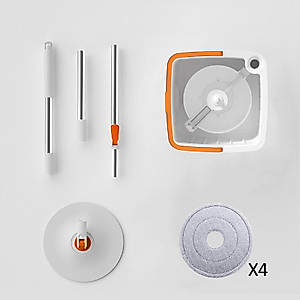 ＫＬＫＣＭＳ Rotatable Round Flat Floor Mop Bucket Set Rotating Mop Durable Telescopic Mop Handle Extends from 102cm to 128cm for Hardwood Professional, with 4 Pads