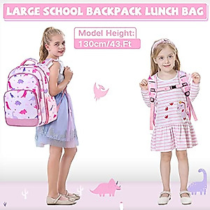 VASCHY Kids School Backpack Lunch Box Bag Pencil Case Combo, Children BookBag Schoolbag Set for Preschool/Kindergarten/Elementry School Supplies Boys Girls Pink Dinosaurs