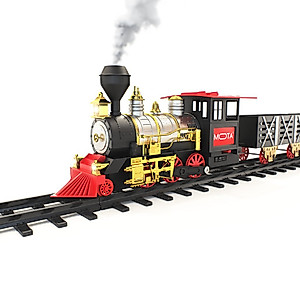 MOTA Classic Holiday Christmas Train Set with Real Smoke - Authentic Lights, and Sounds - A Full Set with Locomotive Engine, Cargo Cars, Tracks and Christmas Spirit