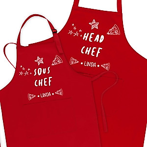 Atdesk Customized 2 Pack Parent-Child Aprons, Matching Family Apron Set, Adjustable Father Son Mummy Daughter Cooking Apron, Head Chef Sous Chef Bib Aprons with Pockets(Red)