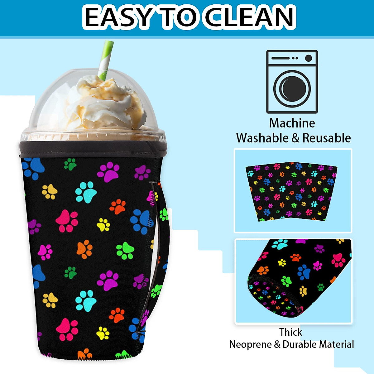 Colorful Animal Paw Print Iced Coffee Sleeve Reusable Insulator Cup Sleeve with Handle Neoprene Drink Sleeve Holder for Hot Cold Beverages 24-28oz