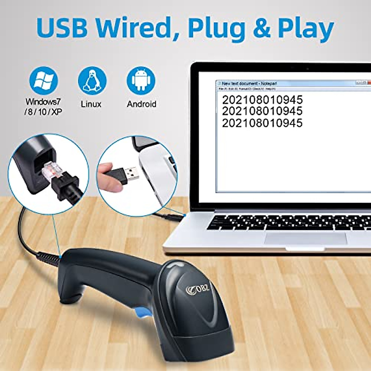 OBZ 2D Barcode Scanner for Computers, USB Wired 1D 2D QR Code Scanner, Automatic Handheld Bar Code Reader with USB Cable for Retail Store, Library, Warehouse, Express, POS and Computer Plug and Play