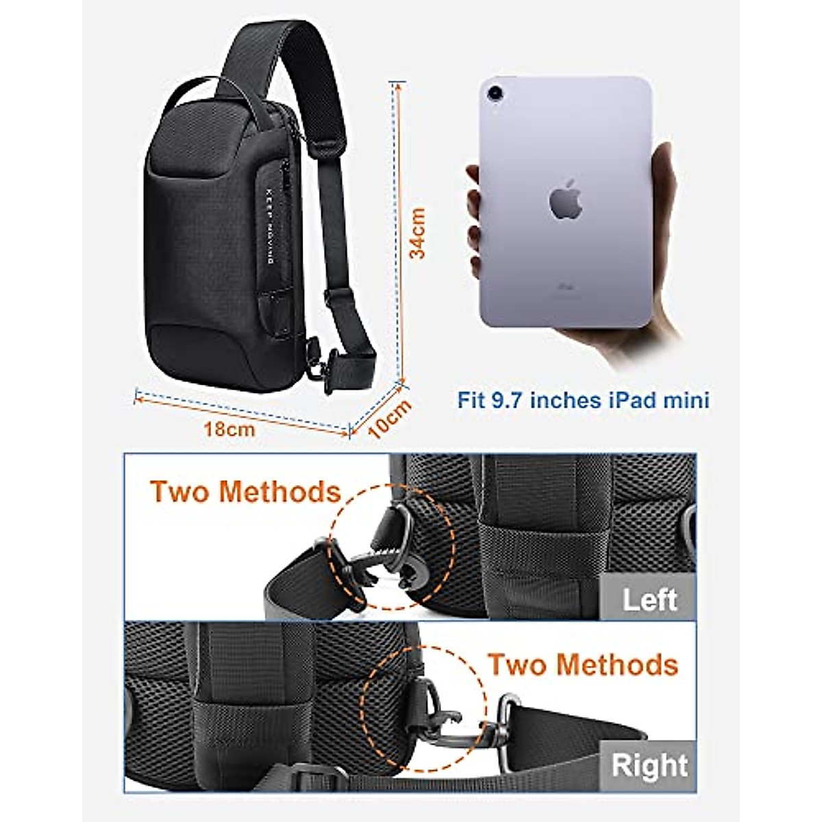 Lily Parker Sling Bag Backpack Mens Cross Body Waterproof Anti-Theft Shoulder Daypack with USB Charging Port Fit 7.9" iPad, Black, Small