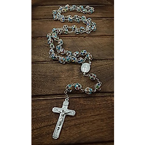 Nazareth Store Colorful Zirconia Crystal Beads Rosary Silver Catholic Necklace with Miraculous Medal Cross Crucifix Multicolor Rosaries in Velvet Bag
