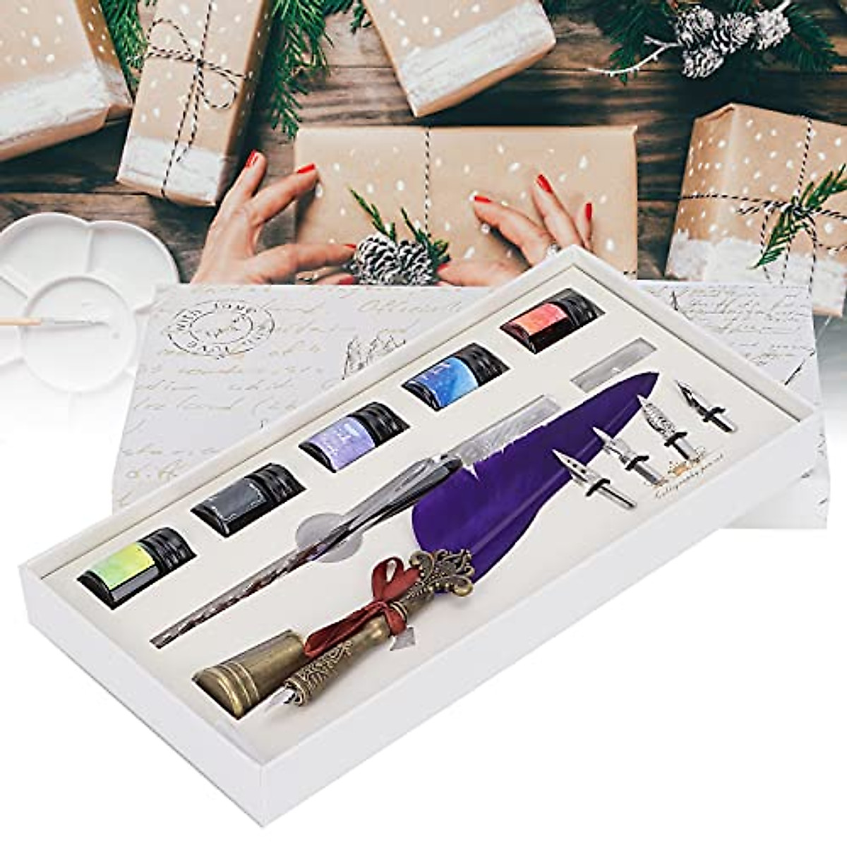 Hztyyier 5 Bottles Colorful ink Writing Gift Box Kit(Purple) Calligraphy Feather Pen Set Glass Ink Feather Fountain Pen with Replaceable Nib School Supplies