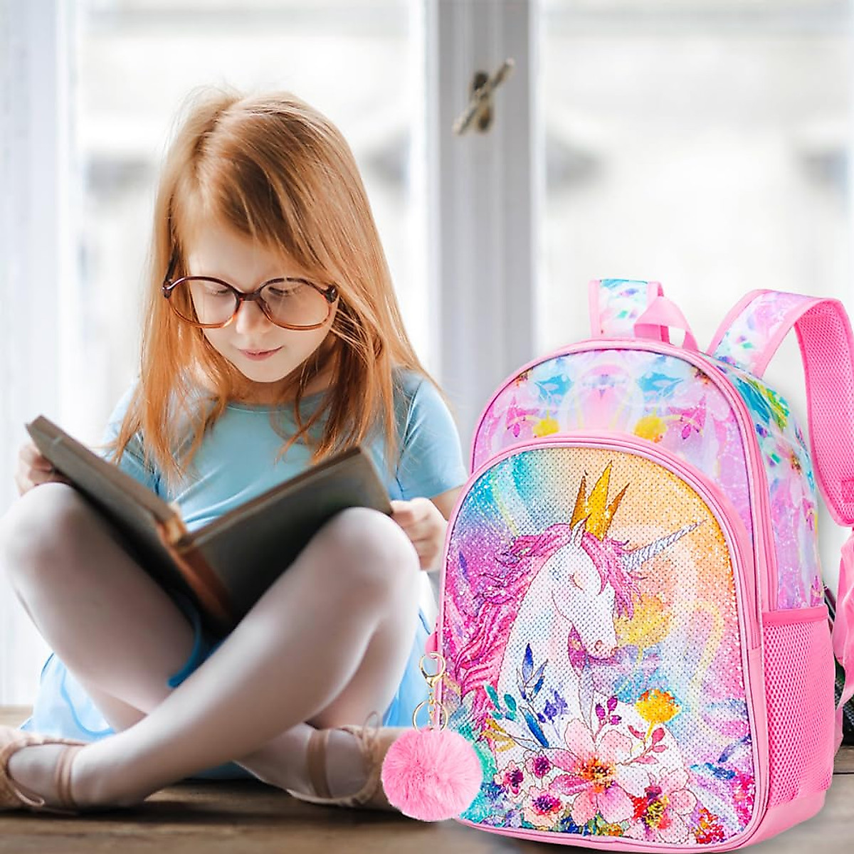 WZLVO 3PCS Unicorn Backpack for Girls, 16” Kids Sequin Bookbag, Elementary Preschool School Back Packs and Lunch Box