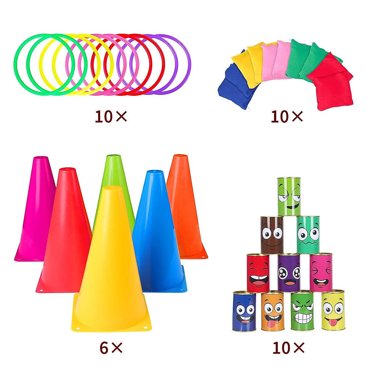 Waenerec 36PCS Carnival Games Combo Set 4 in 1 Bean Bag Toss Can Games Soft Plastic Cone Backyard Ring Toss Game for Indoor Outdoor School Field Day Birthday Party Yard Games for Kids Adults