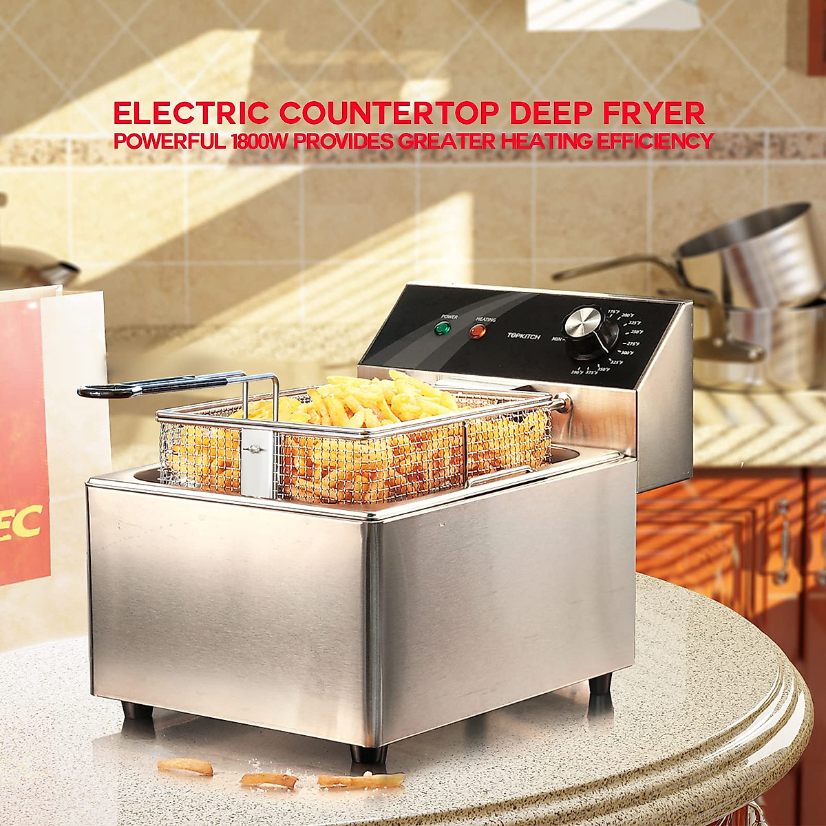 TOPKITCH Electric Deep Fryer Countertop Deep Fryer with Basket and Lid Capacity 10L(10.5QT) Stainless Steel Single Tank Fryer for Home Use Easy to Clean Oil Fryers 1800 Watts, 120V