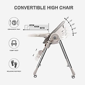 Ezebaby Foldable, Portable High Chair with 4 Wheels and Removable Tray with Adjustable Seat Heigh Recline for Babies, Infant and Toddler (Grey)