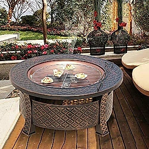 LEAYAN Garden Fire Pit Portable Grill Barbecue Rack 32'' Outdoor Fire Pit Metal Square Firepit Patio Stove Wood Burning BBQ Grill Fire Pit Bowl with Spark Screen Cover, Log Grate for Camping