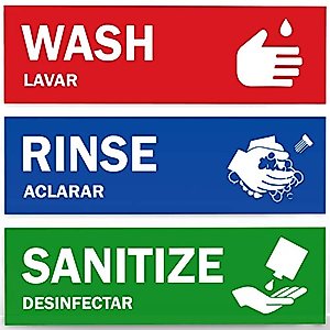 Wash Rinse Sanitize Sink Labels - Ideal Handwashing Signs for 3 Compartment Sink - 2.75" x 9" - Perfect Label Stickers for Restaurants, Commercial Kitchens, Food Trucks, Bussing Stations, Wash Station
