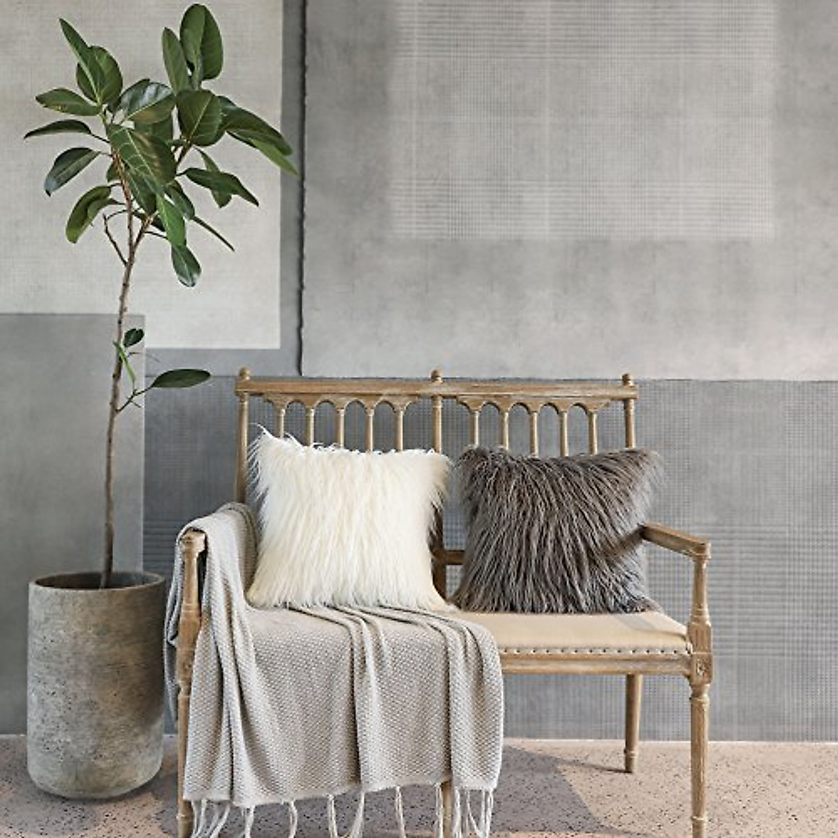 Kevin Textile Set of 2 Faux Fur Pillow Cover Decorative New Luxury Series Merino Style Off-White Fluffy Throw Pillow Case Fuzzy Cushion Cover Pillow Covers for Bed (18" x 18" 45cm x 45cm)