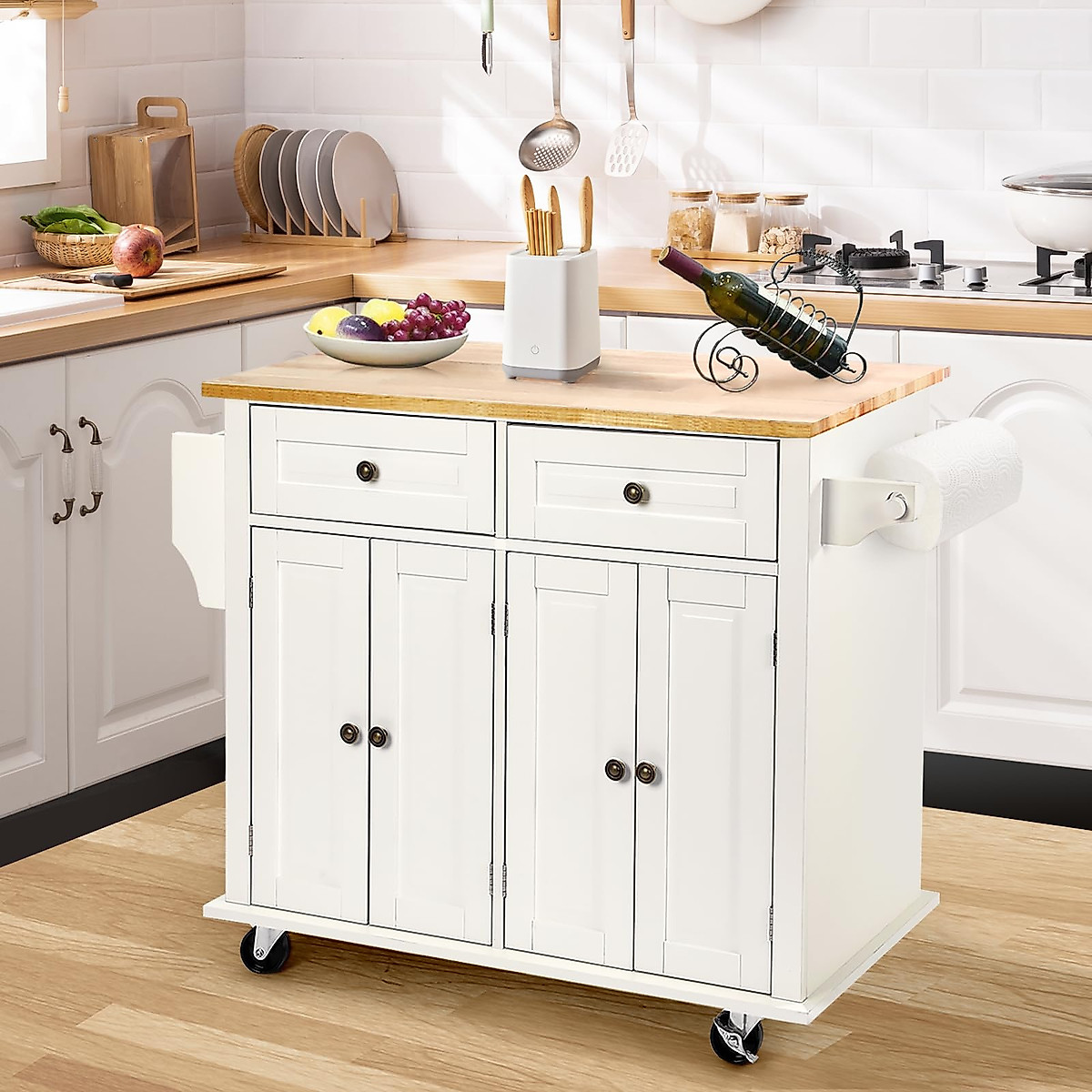 TUSY 43" Kitchen Island with Storage, Rolling Kitchen Cart with Lockable Wheels, Solid Wood Tabletop Kitchen Island Table for Kitchen, Living Room, White