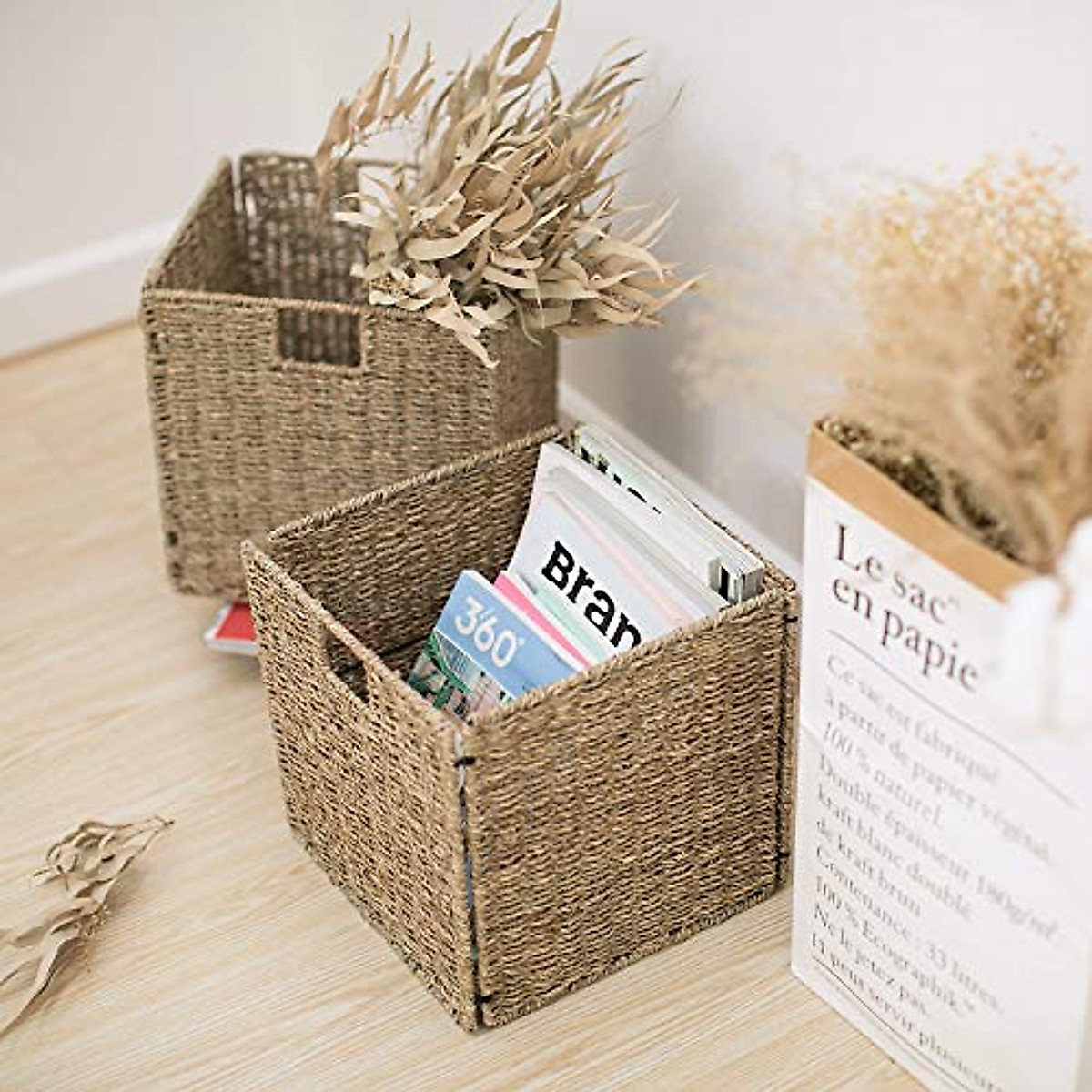 StorageWorks Rectangular Wicker Baskets for Shelves, Seagrass Hand-Woven Baskets with Linings, Medium, 10 ¼ x 10 ¼ x 10 ¾ inches, 2-Pack