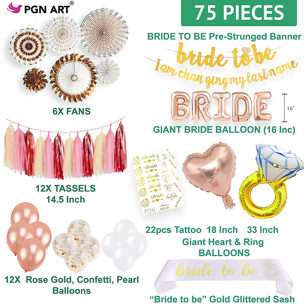 PGNART Bachelorette Party Decoration - Rose Gold Bridal Shower Decorations, Bride to be Party Decor and Supplies Kit, Bride Balloons, Bride to Be Sash, Ring, Banner, Backdrop Garland Tassel