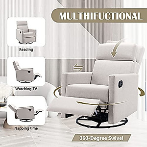 Merax Tan Modern Soft Linen Swivel Push Back Rocker Recliner w/Headsupport Adjustable Nursery Glider Chair for Living Room, Bedroom, Set of 1