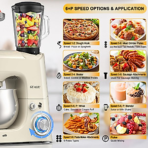 GUALIU 7-IN-1 Stand Mixer, 6+P Speeds Kitchen Electric Mixer, 5.3QT Stainless Steel Bowl Mixer With Dough Hook, Whisk, Beater, Meat Grinder, Blender, Multifunctional Household Kitchen Mixer