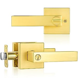 SHINY HANDLES Satin Brass Door Knobs Door Handles Interior with Lock, Privacy Gold Door Knob Door Levers for Bed/Bath (Keyless,1Pack)