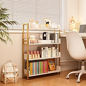 OSCHF Wide Open Shelf Bookcase - Modern 4-Tier Floor Standing Display Bookshelf with Three-Side Baffles for Home and Office, Storage Shelving in Warm White with Gold Frame