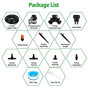 Bonviee Drip Irrigation Kit, 100FT/30M Garden Watering System, 1/4 inch Automatic Patio Misting System for Garden with Distribution Tubing Hose & Adjustable Nozzle Emitters Sprinkler Barbed Fittings